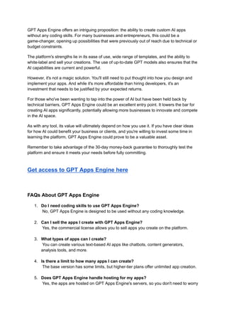 Generate AI apps instantly with GPT Apps Engine's no-code platform. 100 ...