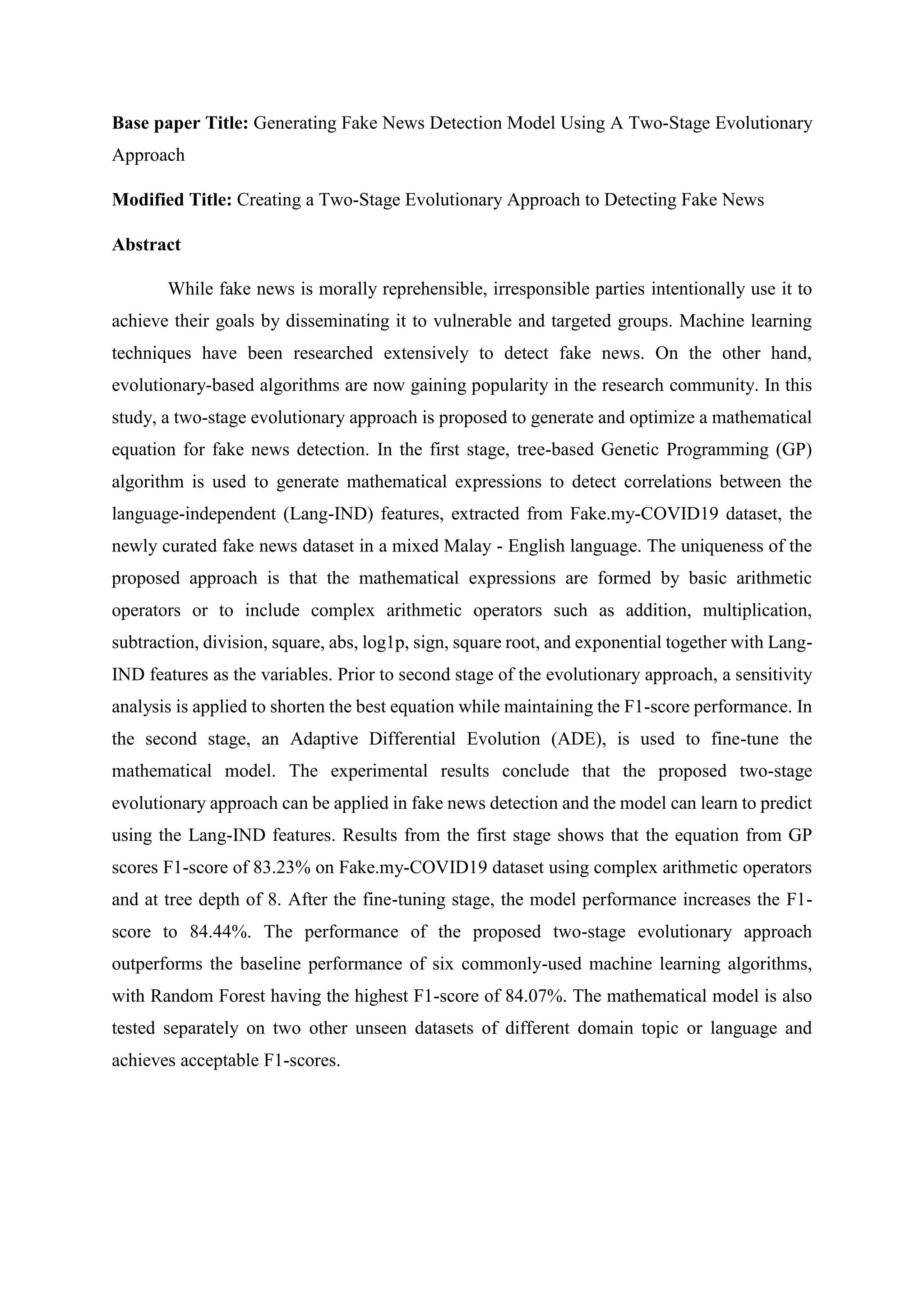 Generating Fake News Detection Model Using A Two-Stage Evolutionary ...