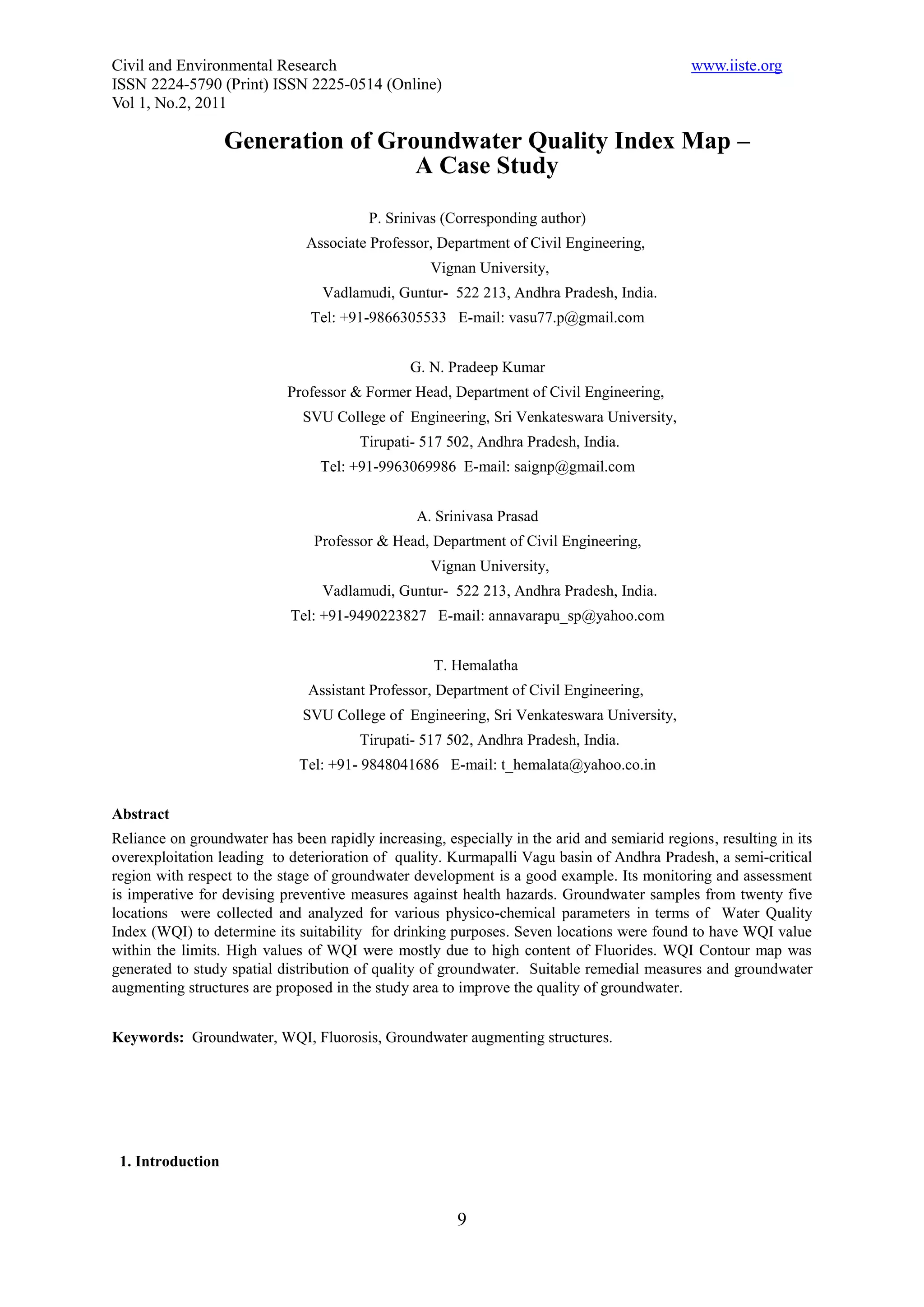 Generation Of Groundwater Quality Index Map Pdf