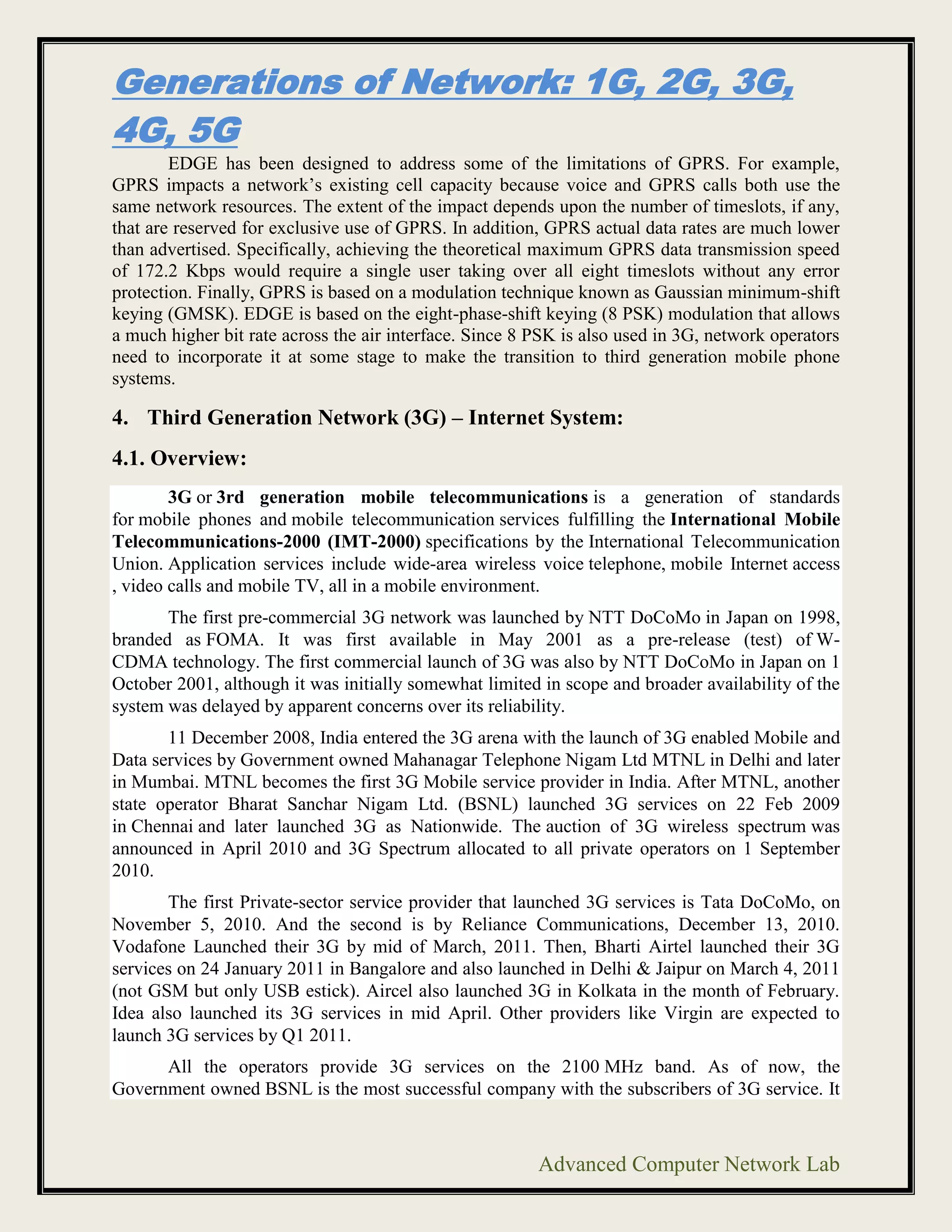 Generations of network 1 g, 2g, 3g, 4g, 5g | DOCX