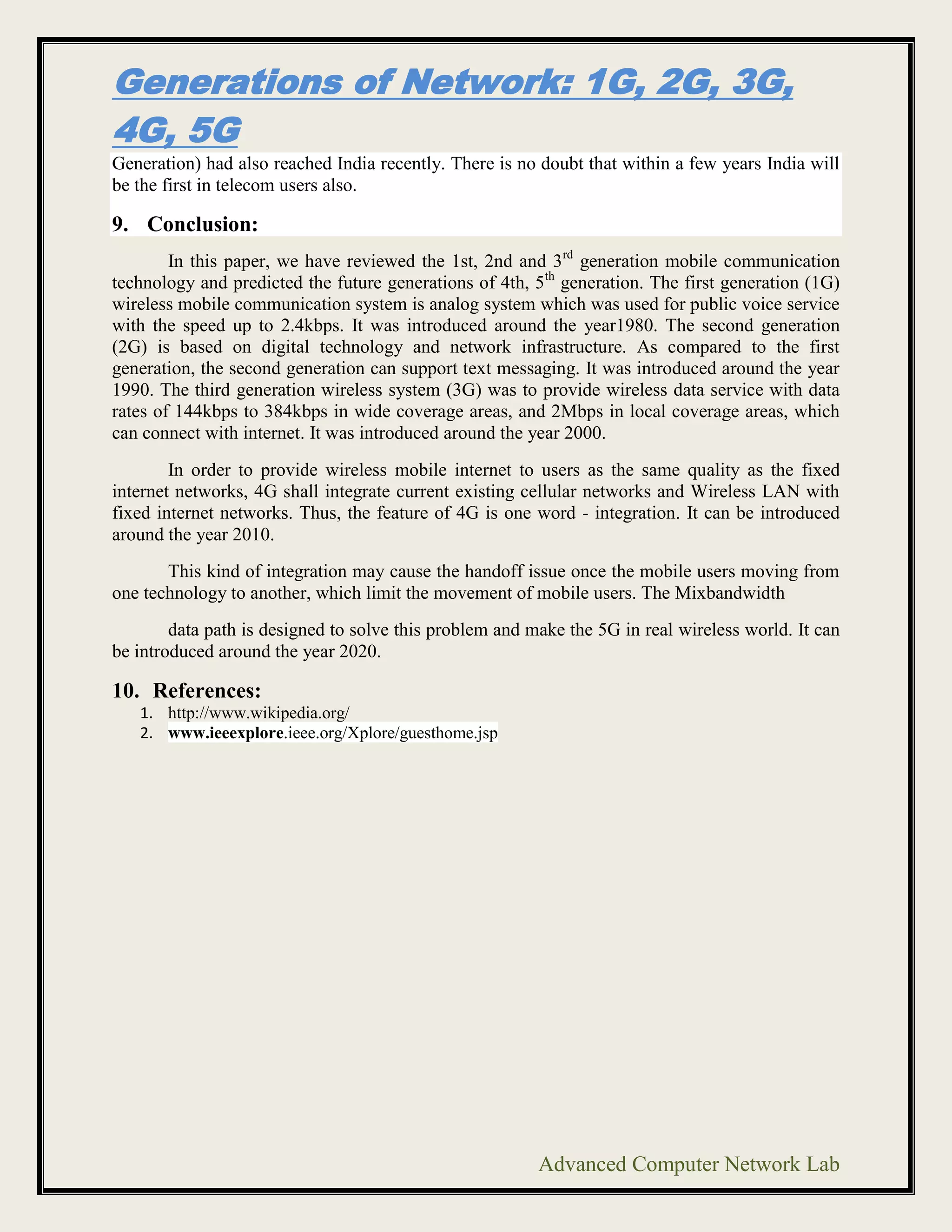 Generations of network 1 g, 2g, 3g, 4g, 5g | DOCX