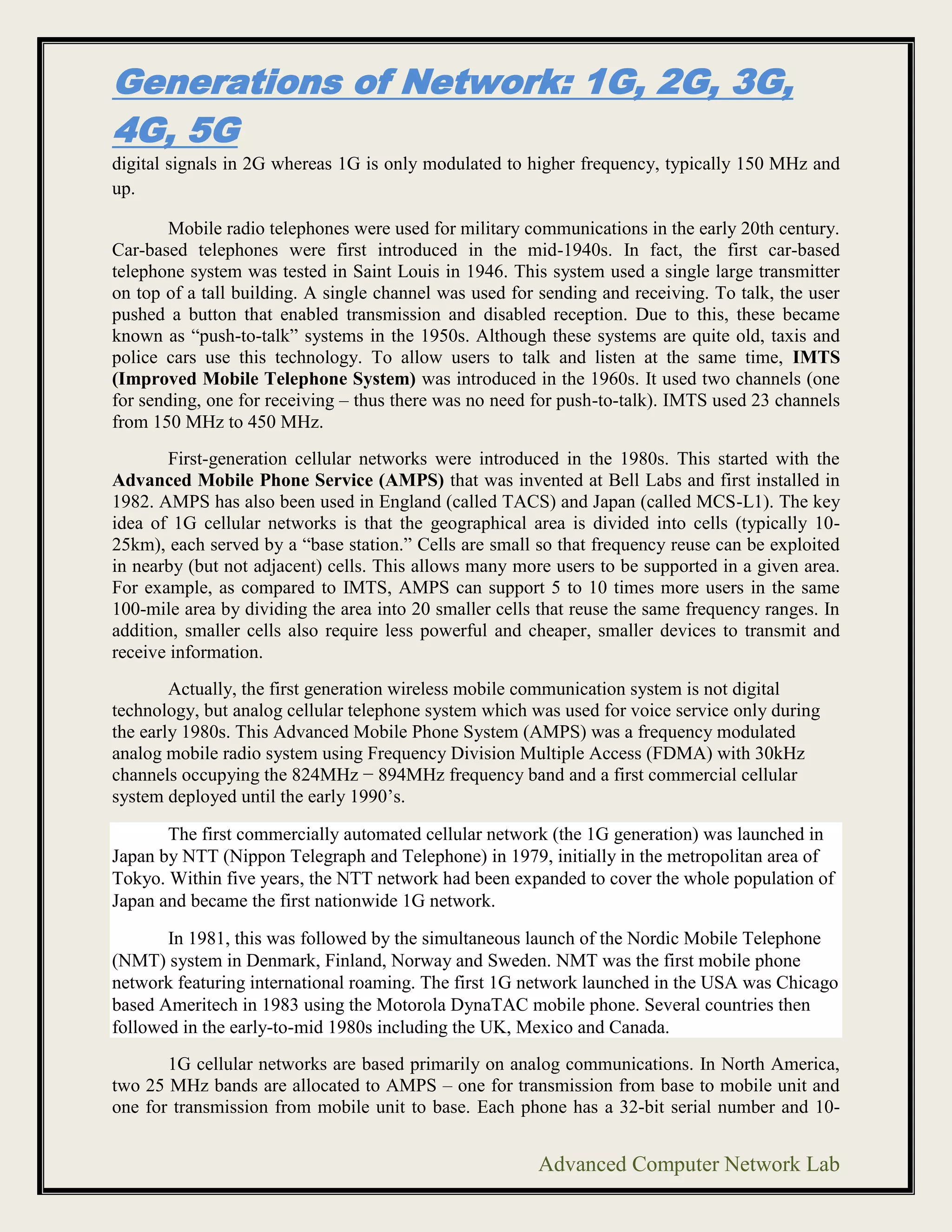 Generations of network 1 g, 2g, 3g, 4g, 5g | DOCX