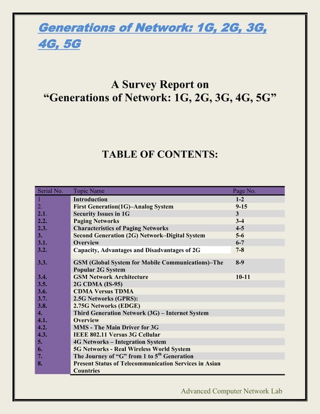 Generations of network 1 g, 2g, 3g, 4g, 5g | DOCX