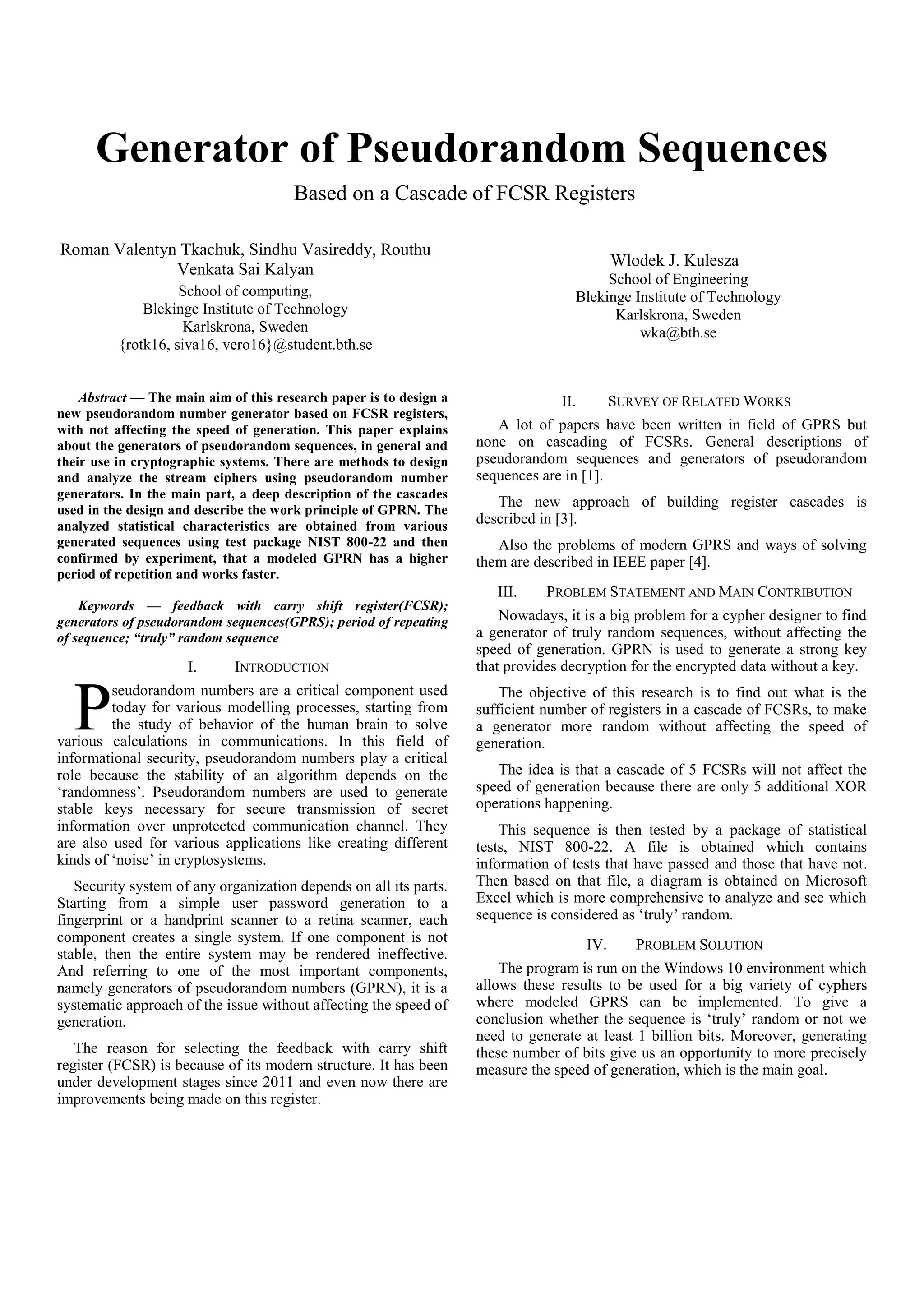 Generator of pseudorandom sequences | PDF