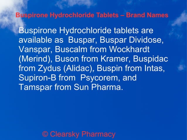 Generic Buspirone Hydrochloride Tablets (Buspin) | PPT