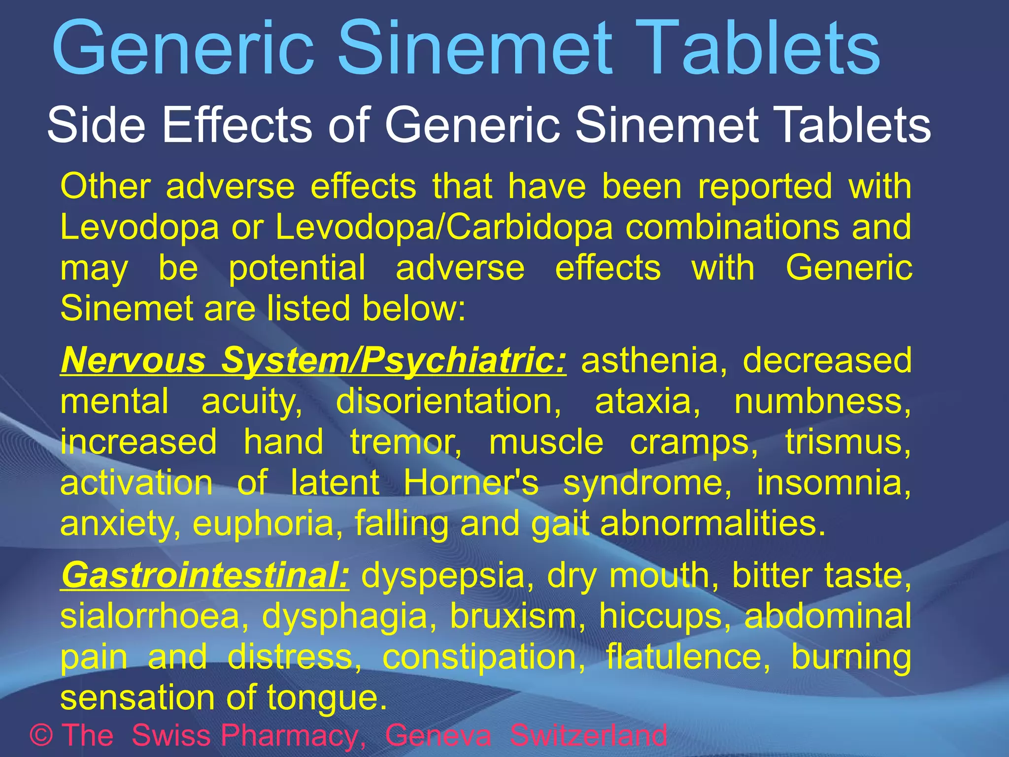 Generic Sinemet Tablets for Treatment of Parkinson's Disease and ...