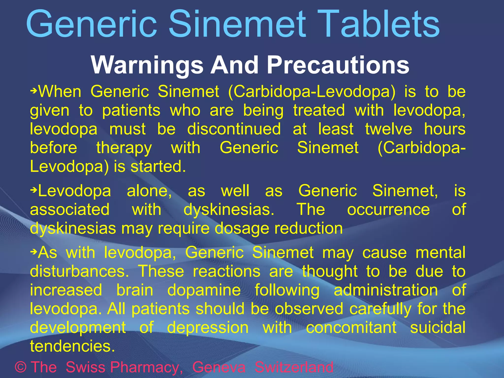 Generic Sinemet Tablets for Treatment of Parkinson's Disease and ...