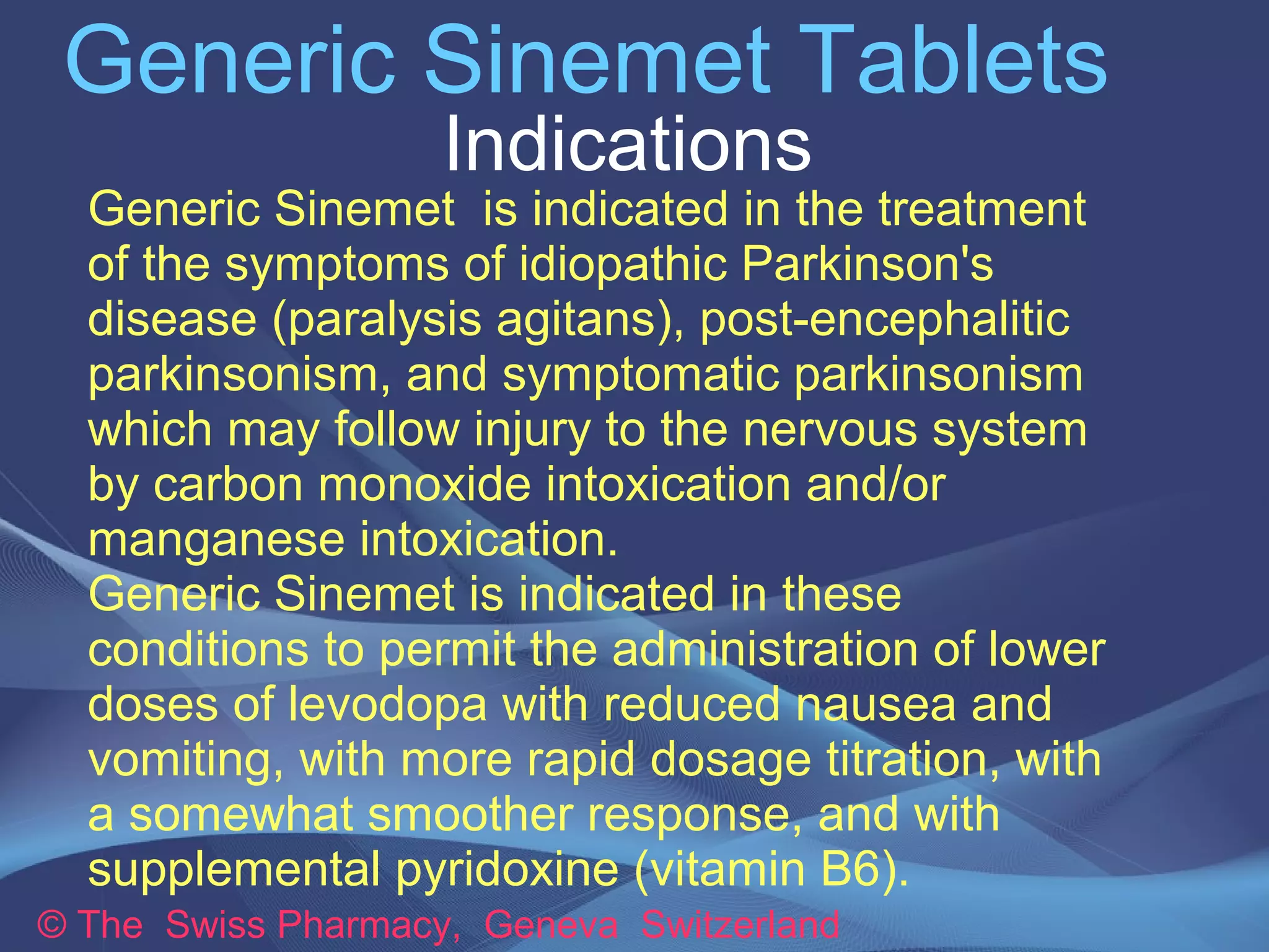 Generic Sinemet Tablets for Treatment of Parkinson's Disease and ...