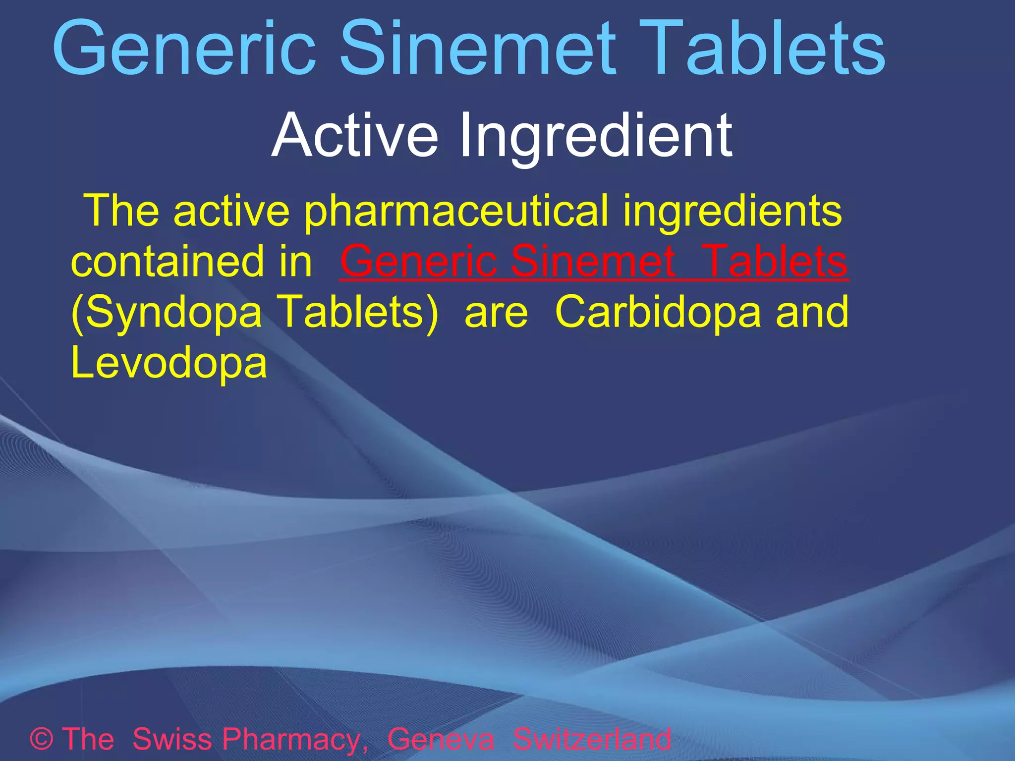 Generic Sinemet Tablets for Treatment of Parkinson's Disease and ...