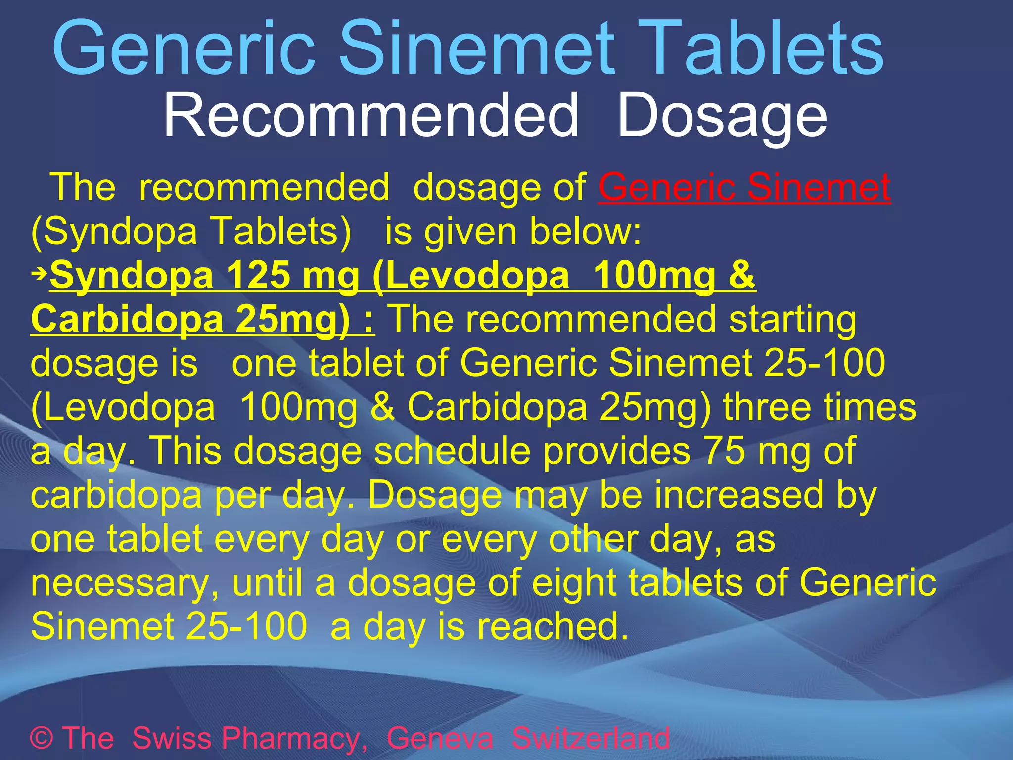 Generic Sinemet Tablets for Treatment of Parkinson's Disease and ...