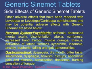 Generic Sinemet Tablets for Treatment of Parkinson's Disease and ...