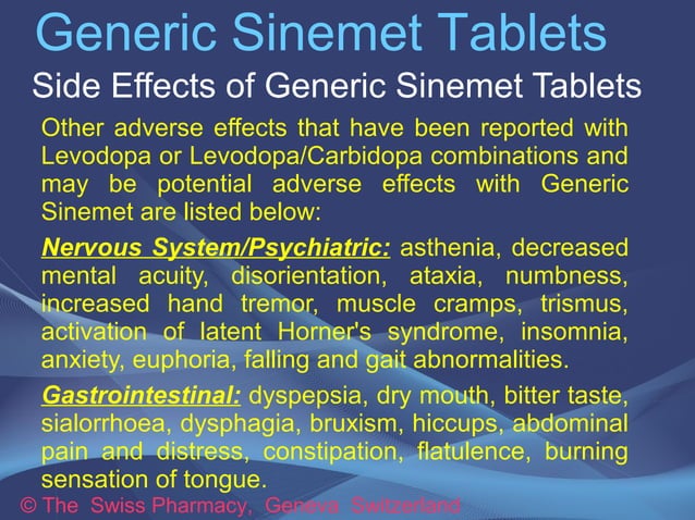 Generic Sinemet Tablets for Treatment of Parkinson's Disease and ...