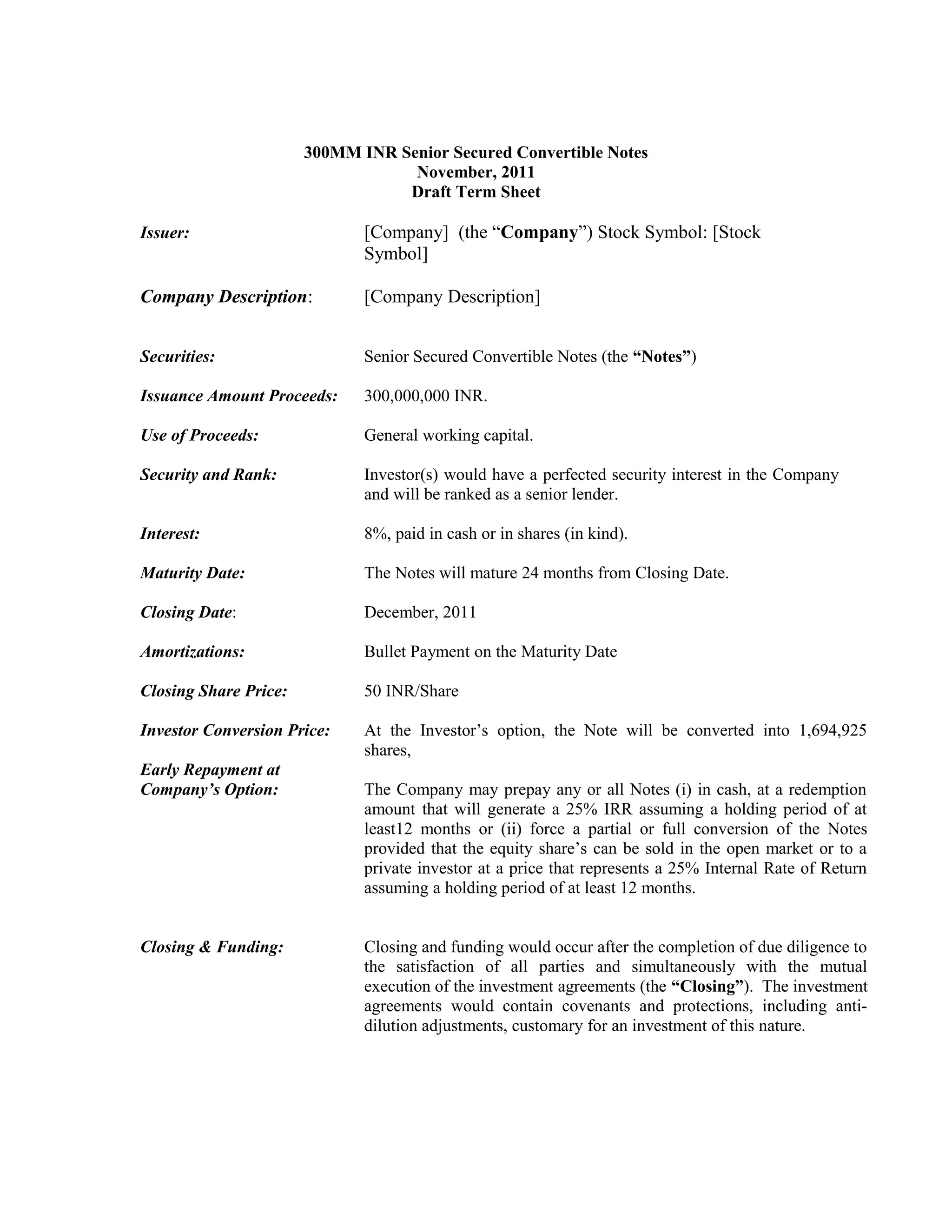 Generic convertible term sheet | DOC