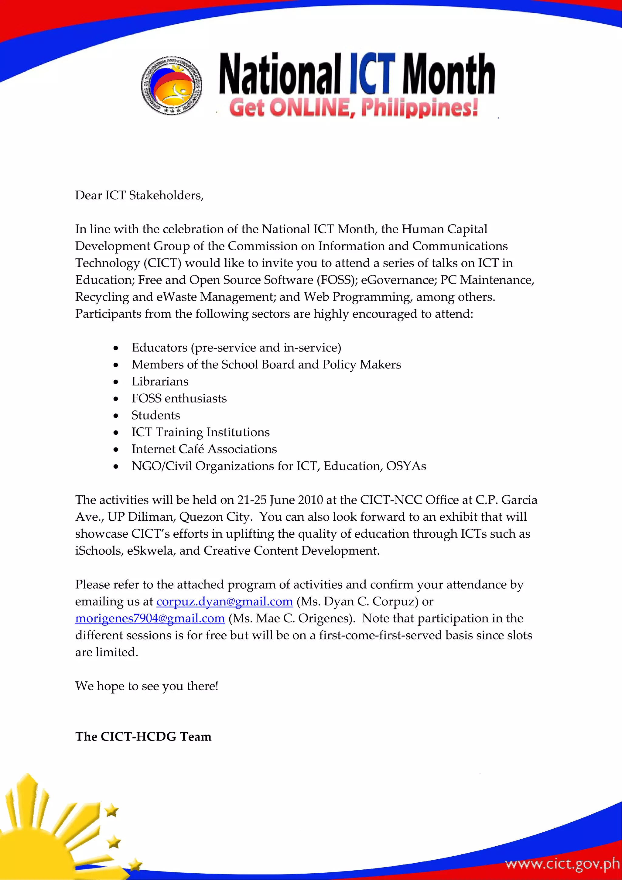 CICT's ICT Month Celebrations - HCDG Week | PDF