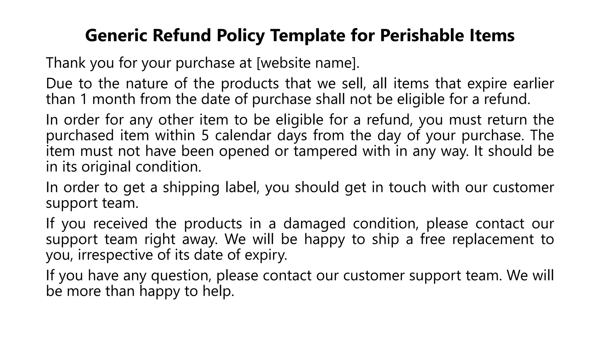 Generic Refund Policy Template for Physical Items | PPT