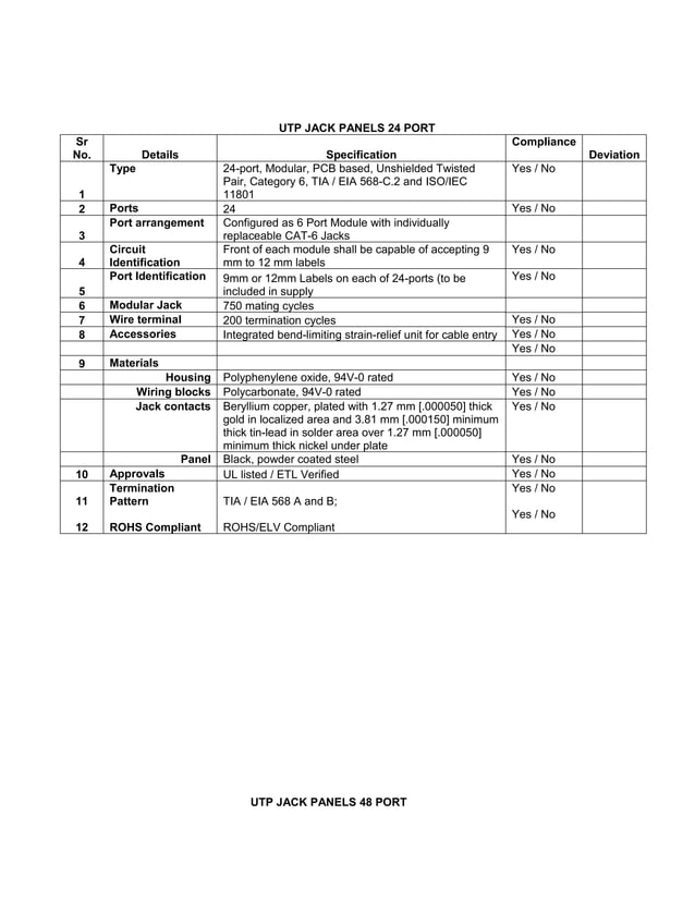 Generic spec sheet copper cat6 & sm | DOC