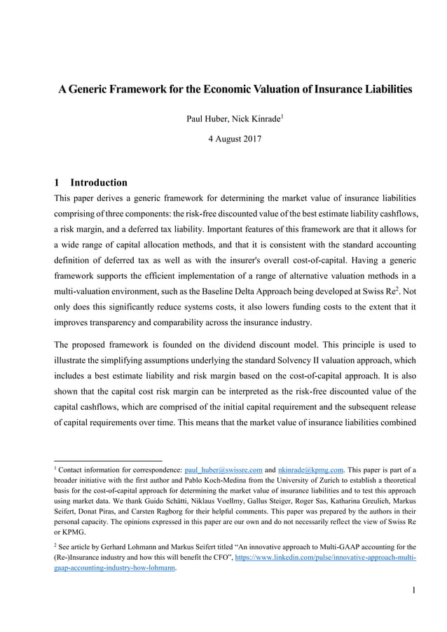 Generic valuation framework for insurance liabilities - August 2017 ...