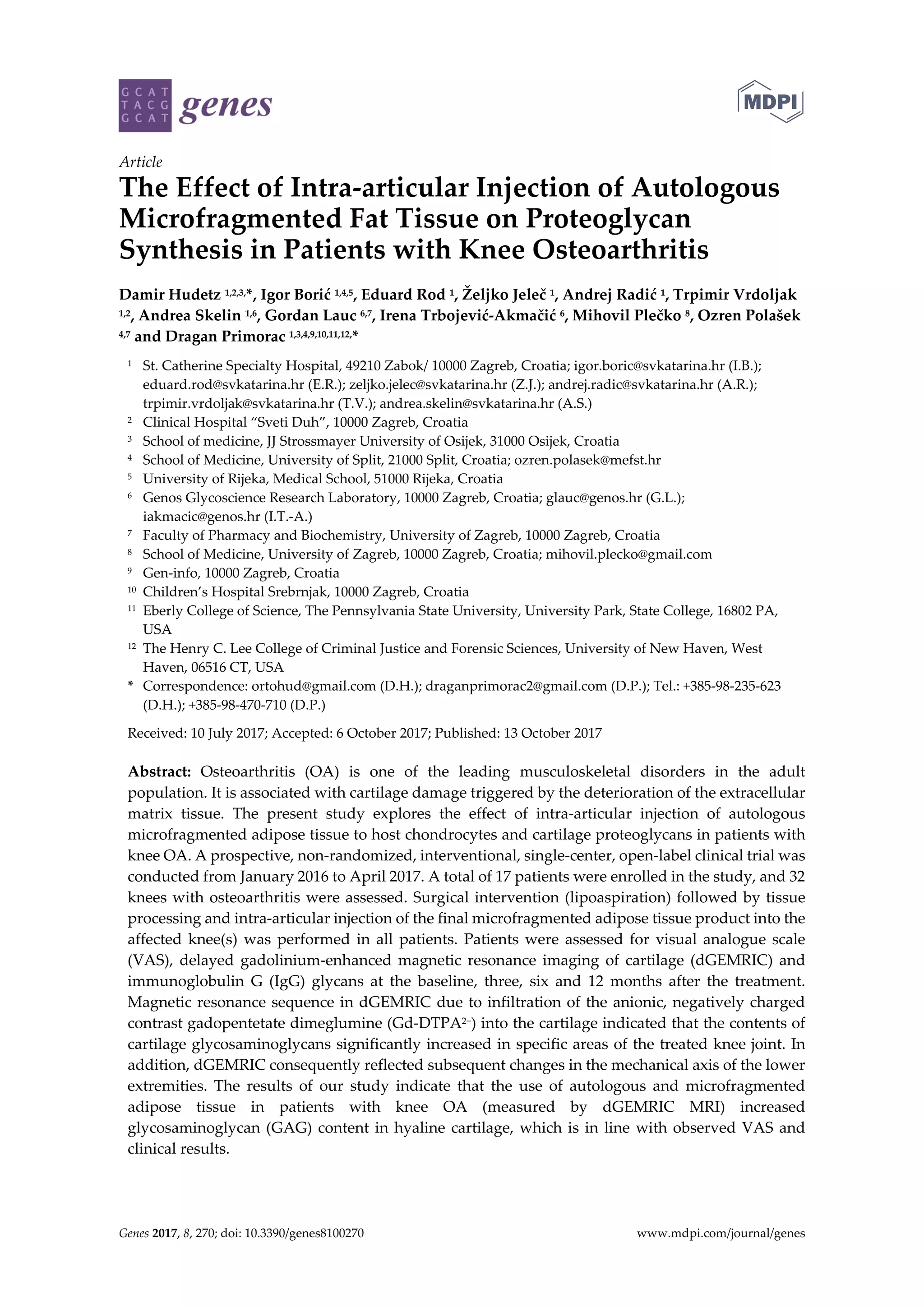 The Effect of Intra-articular Injection of Autologous Microfragmented ...