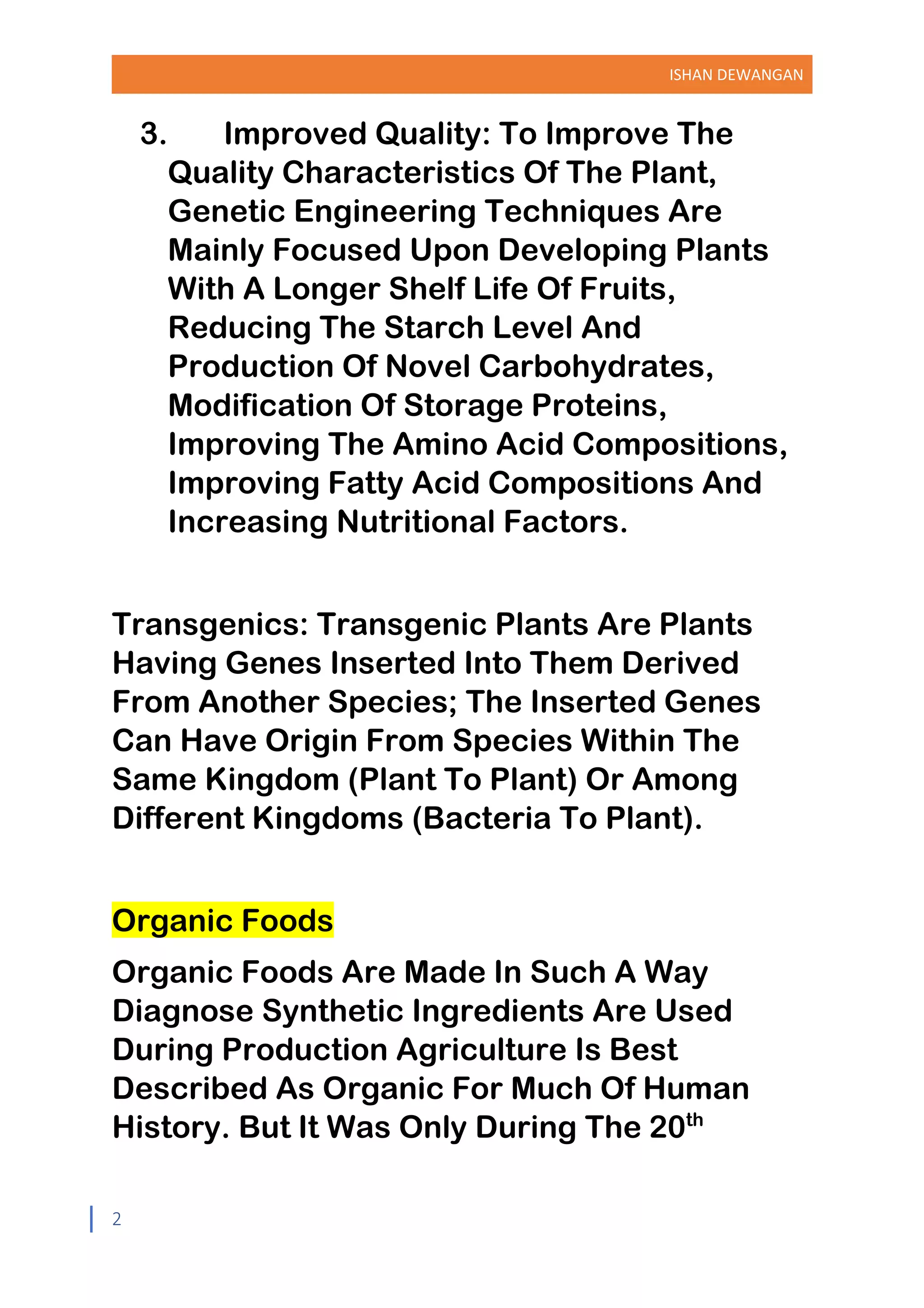 GENETICALLY MODIFIED FOODS/TRANSGENICS, ORGANIC FOODS | PDF