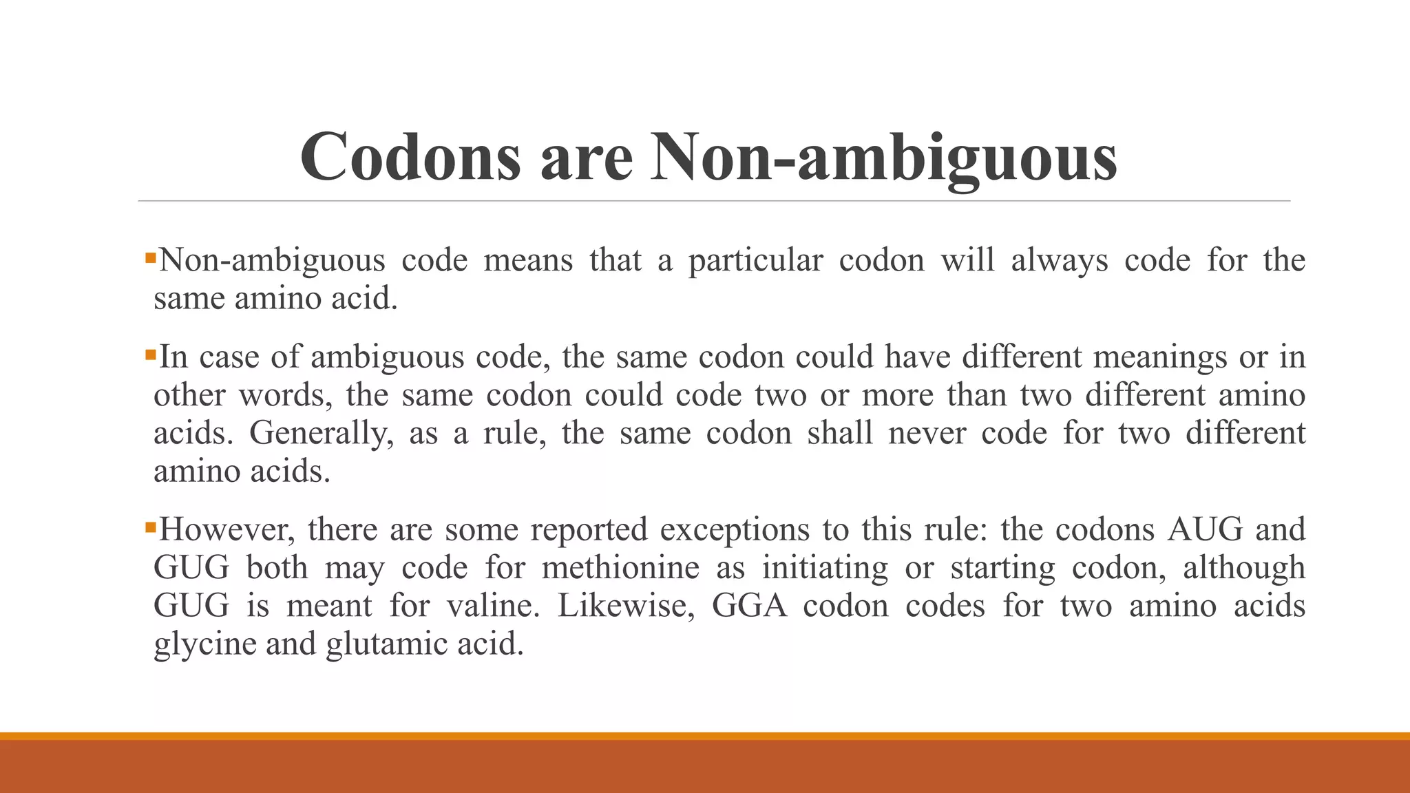 Genetic code deciphering propertie and code dictionary. | PPTX | Programming Languages | Computing