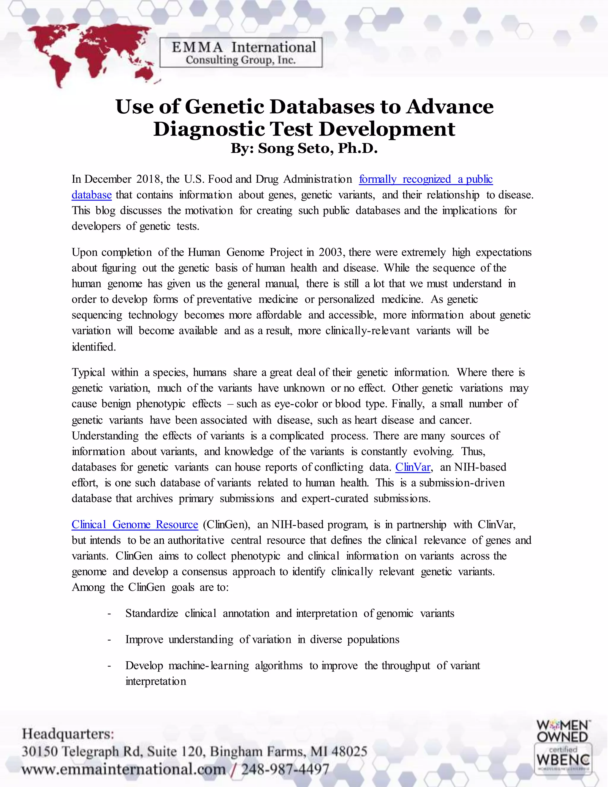 Use of Genetic Databases to Advance Diagnostic Test Development | PDF