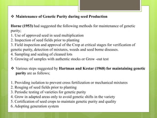 Genetic deterioration Seed ageing of improved variety seed, Maintenance ...