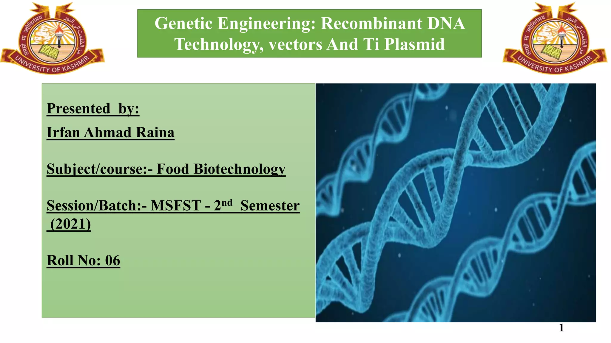 Genetic Engineering : Recombinant DNA Technology, vectors And Ti ...