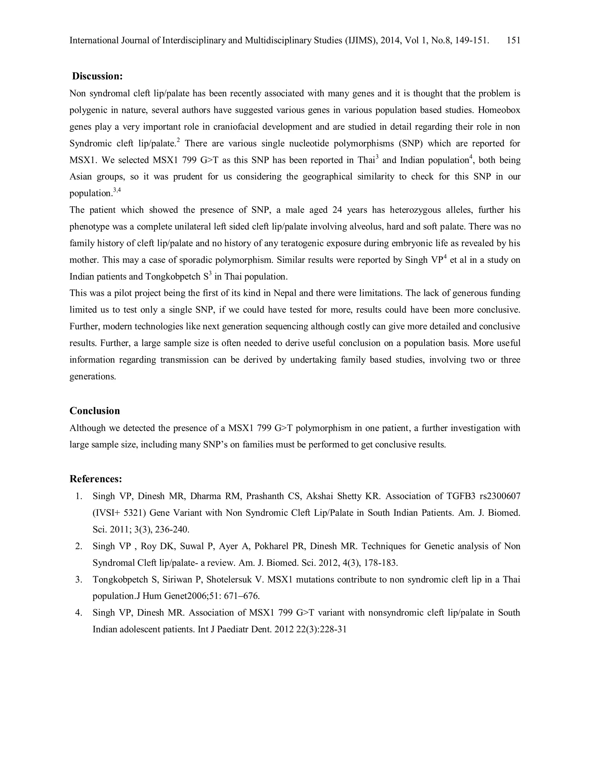 MSX1 Polymorphism in an Eastern Nepalese Non Syndromic cleft lip/palate ...