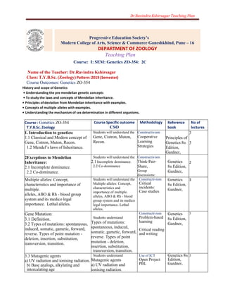 Genetics Teaching Plan: Dr.Kshirsagar R.V. | PDF | Genetics | Science