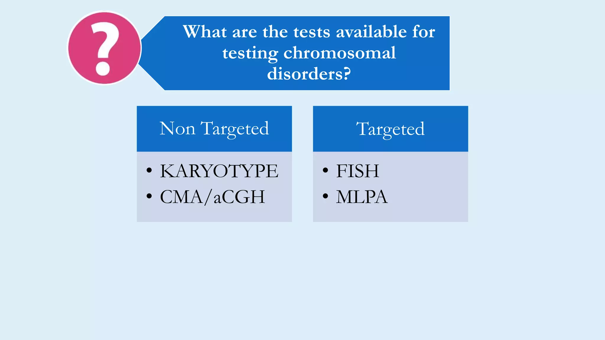 Genetic tests overview - Karyotype, FISH, MLPA, CMA, Sanger sequencing ...