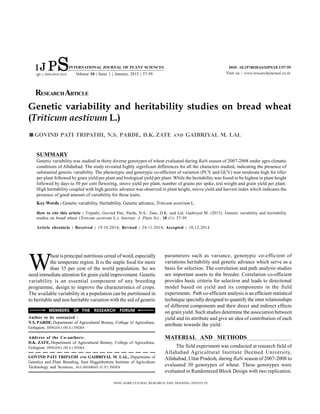 Genetic variability and heritability studies on bread wheat | PDF
