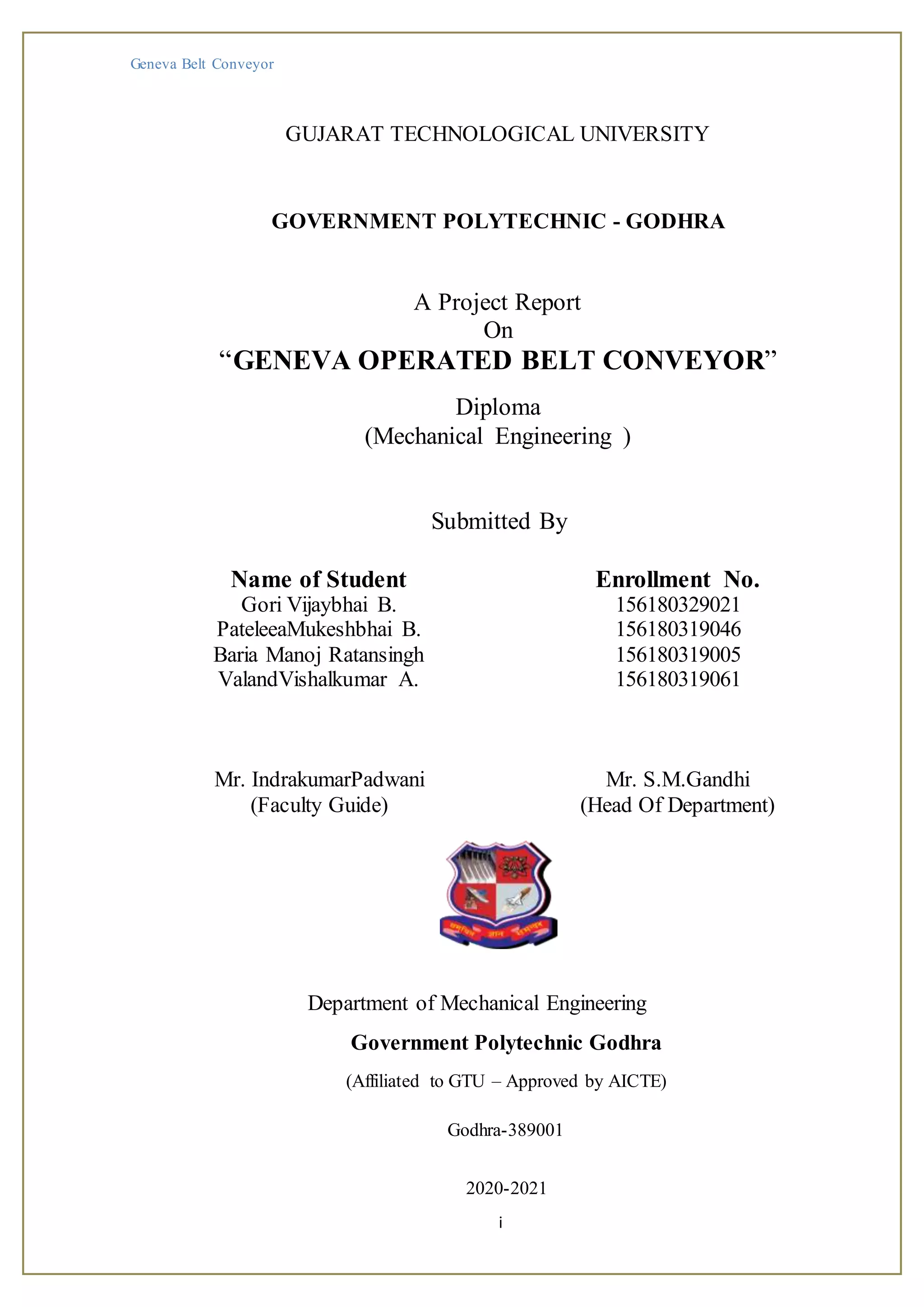 Project report on Geneva operated belt conveyor By Indrakumar R Padwani ...