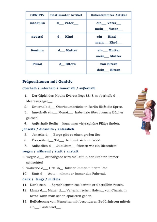 Präpositionen mit Genitiv - Arbeitsblatt zur PPt | PDF