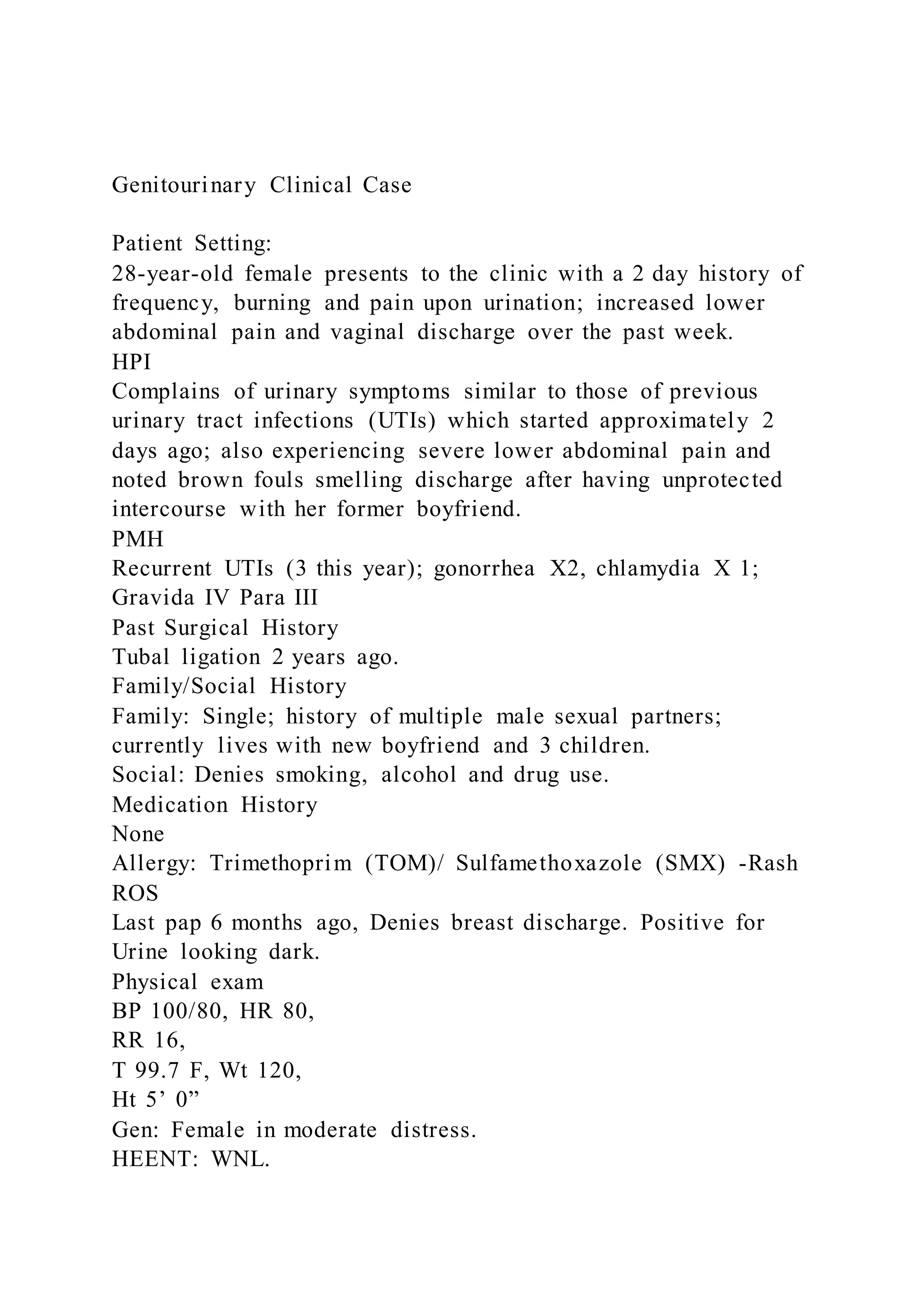Genitourinary Clinical Case Patient Setting 28-year-old fem | DOCX