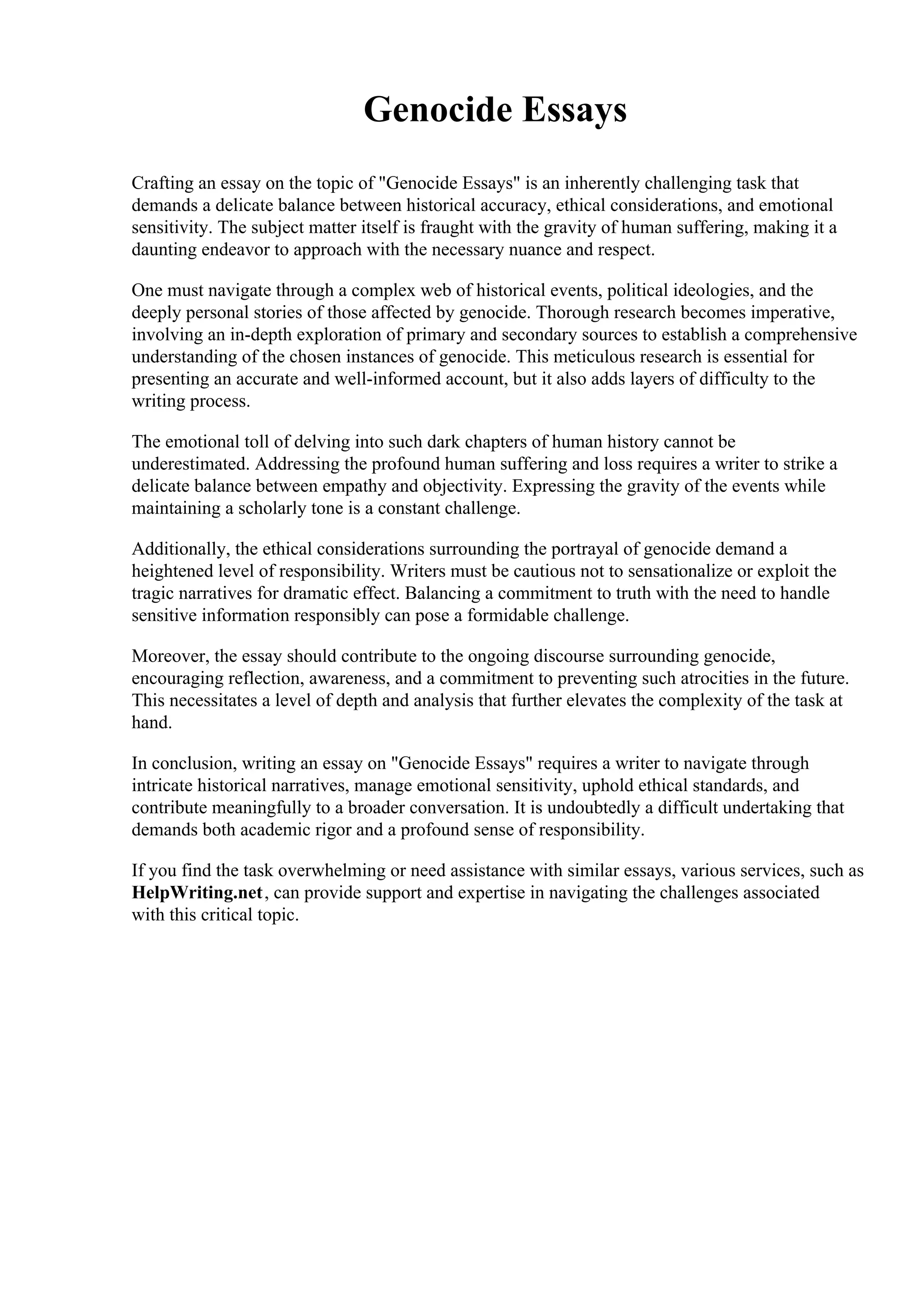 Genocide Essays. Saint Francis Medical Center College of Nursing | PDF