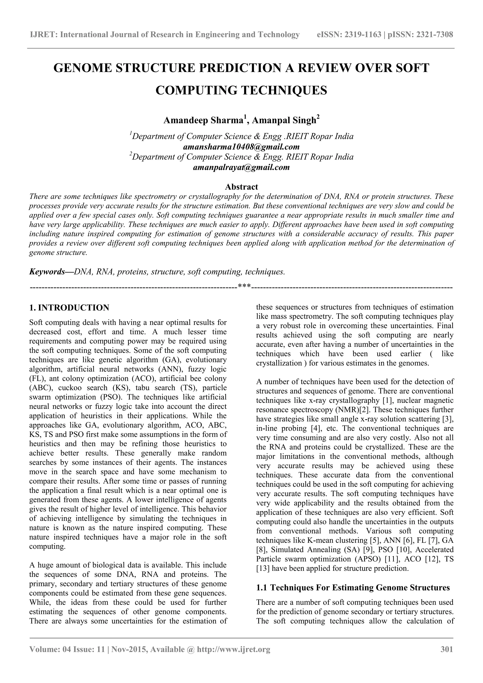 Genome Structure Prediction A Review Over Soft Computing Techniques Pdf 6966