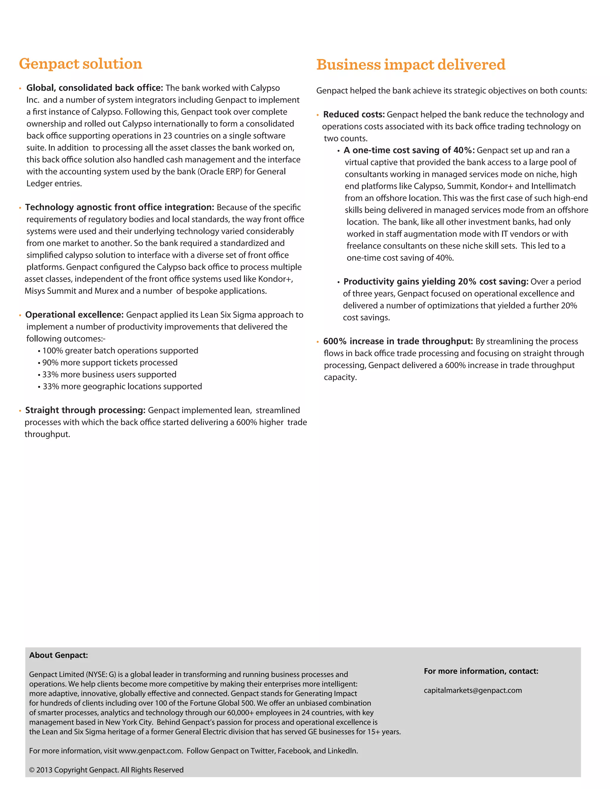 Genpact sets up and runs an investment bank’s “virtual captive ...