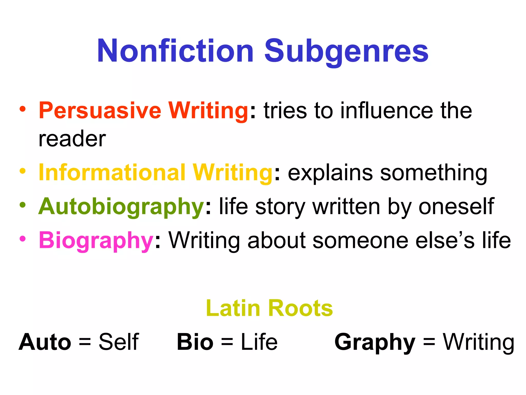Genre and subgenre categories of writing | PPT