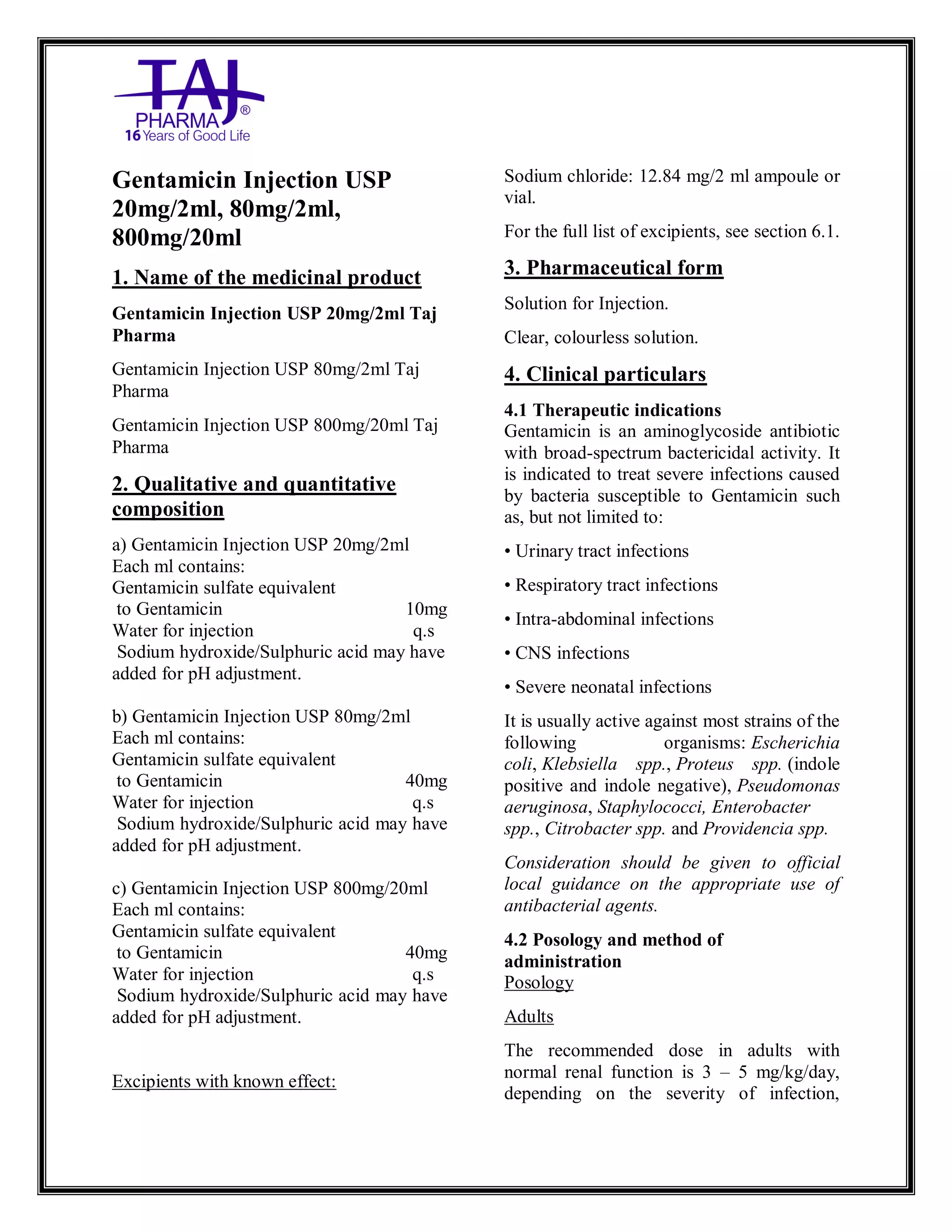 Gentamicin Injection USP Taj Pharma SmPC | PDF