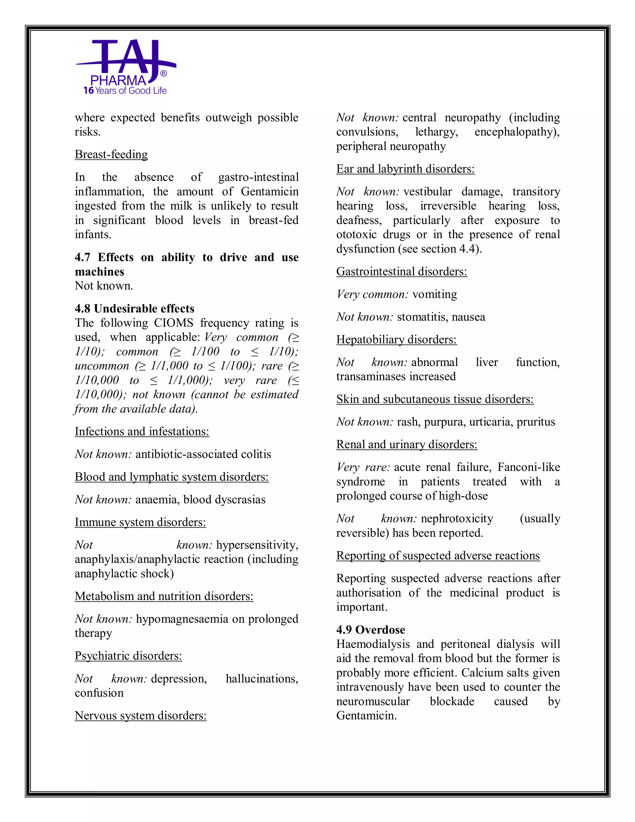 Gentamicin Injection USP Taj Pharma SmPC | PDF