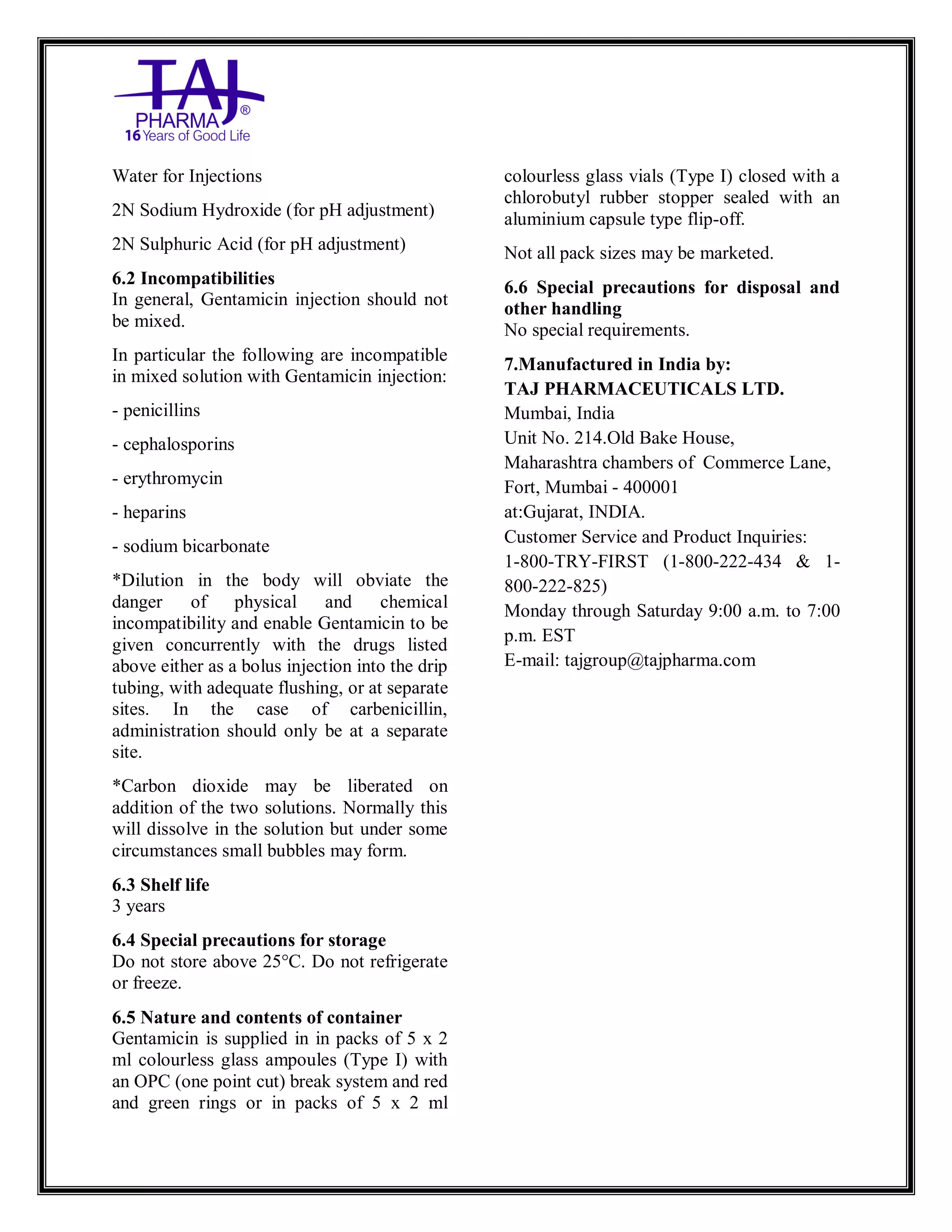 Gentamicin Injection USP Taj Pharma SmPC | PDF