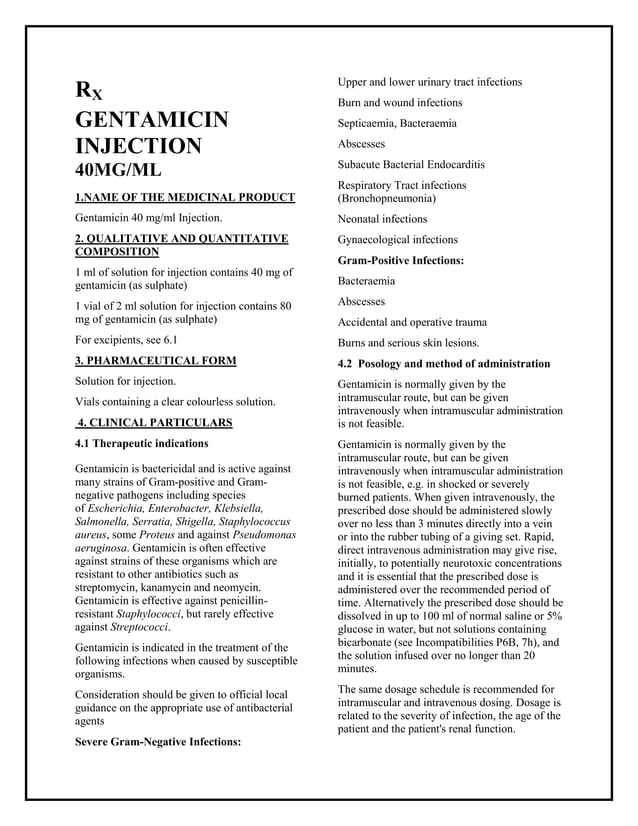 Gentamicin 40 mg per ml injection smpc taj pharmaceuticals | PDF