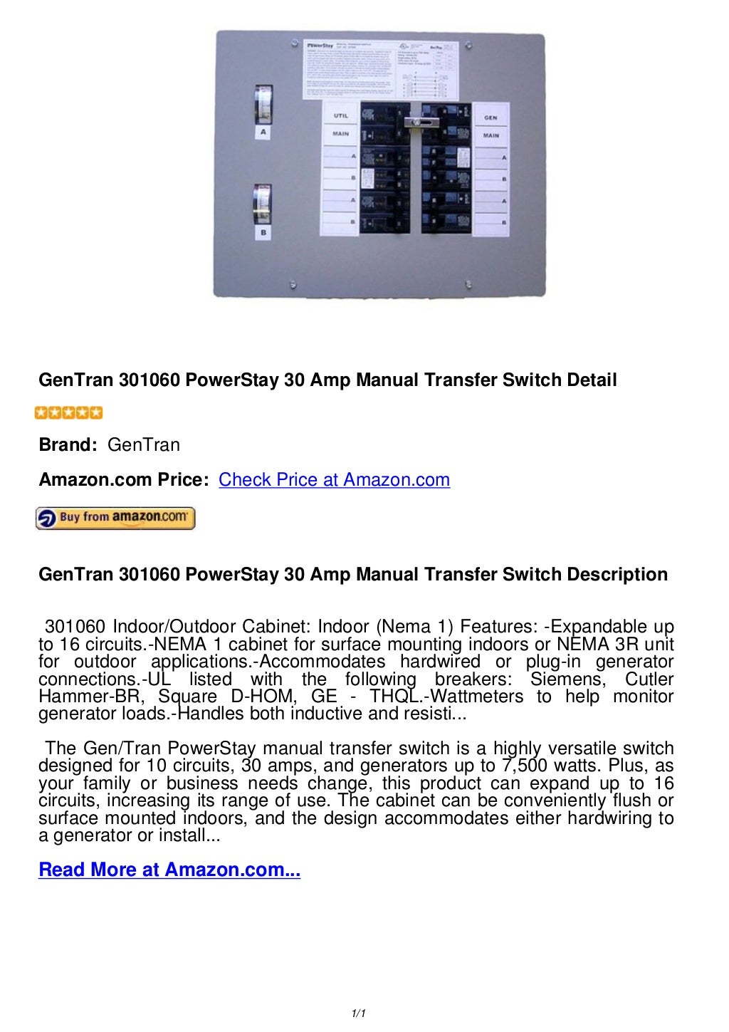Gen tran 301060 powerstay 30 amp manual transfer switch