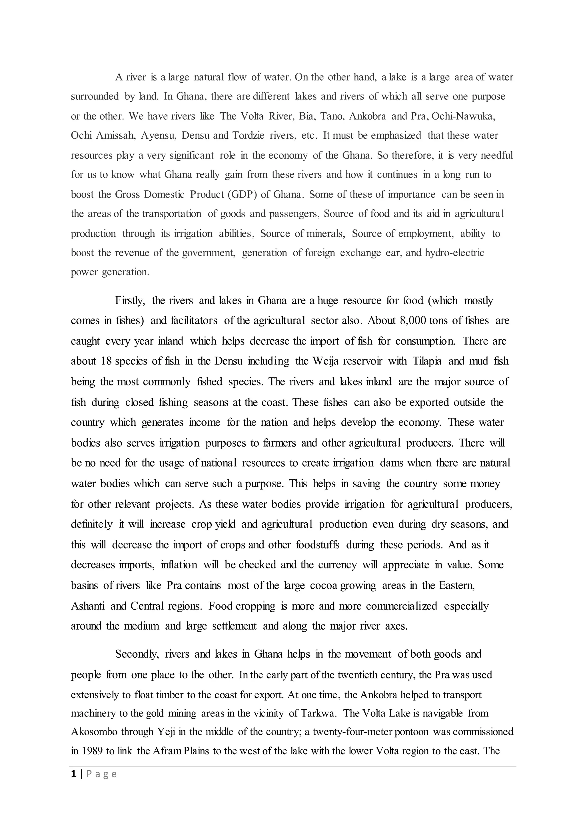 Rivers and Lakes in Ghana and its Importance | DOCX
