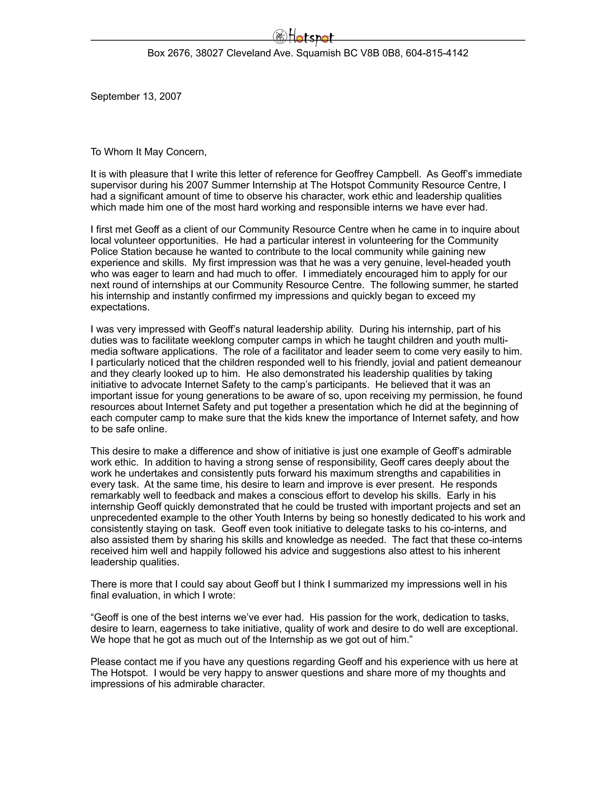 Geoff Campbell Hotspot Recommendation | PDF