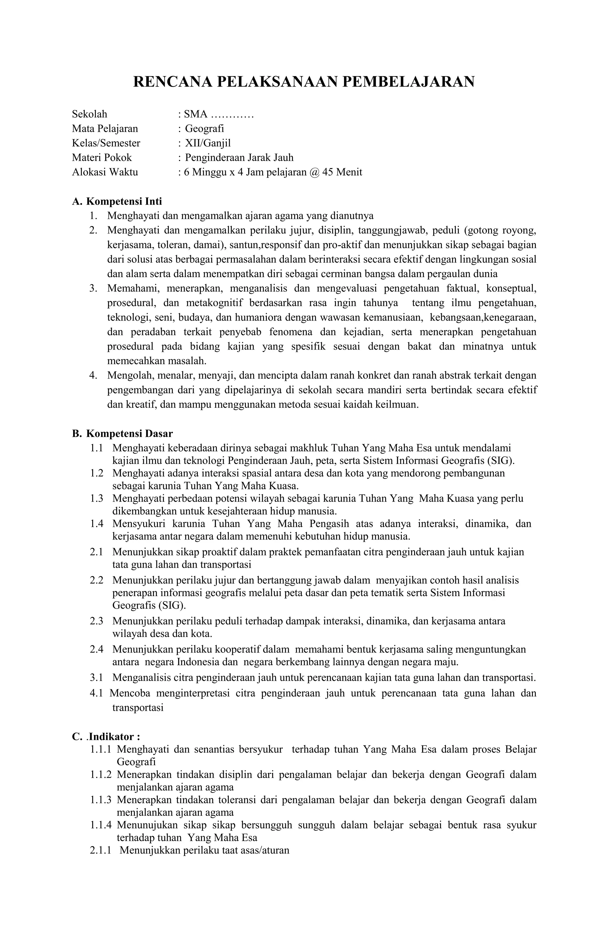 RPP SMA Geografi Kelas XII | PDF
