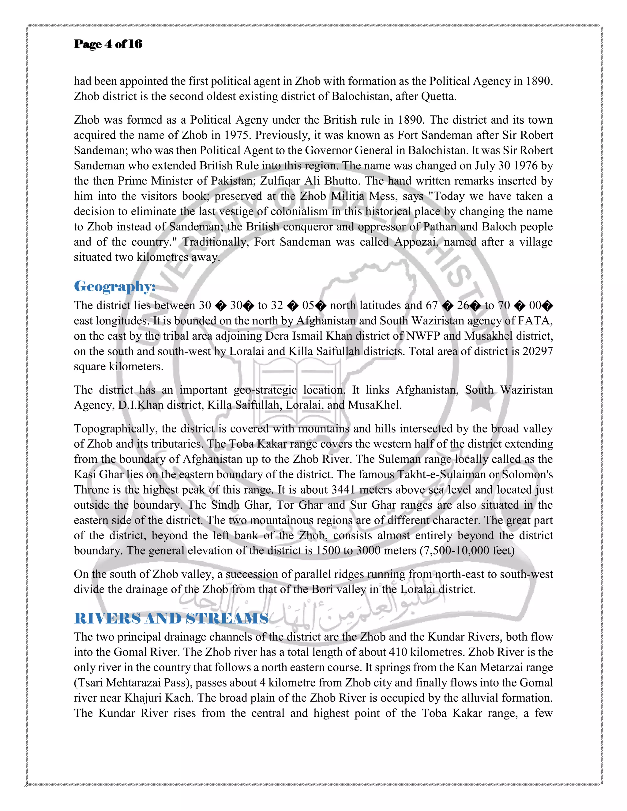 Geographical Importance of District Zhob. | PDF