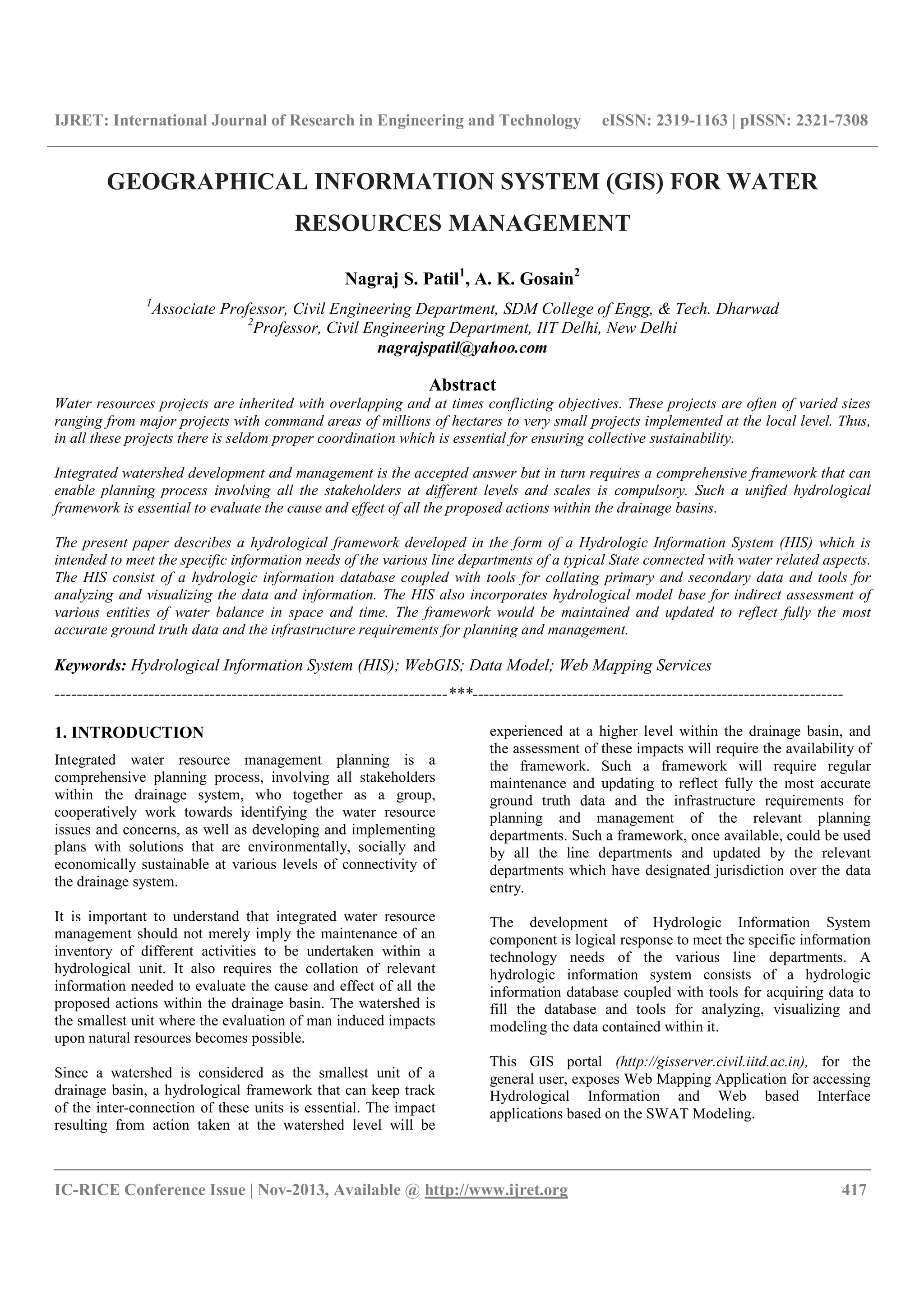 Geographical information system (gis) for water resources management | PDF