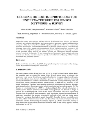Geographic routing protocols for underwater wireless sensor networks a survey | PDF