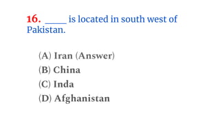 Geography of Pakistan MCQs with answers || Pak Studies MCQs || Part 01 ...